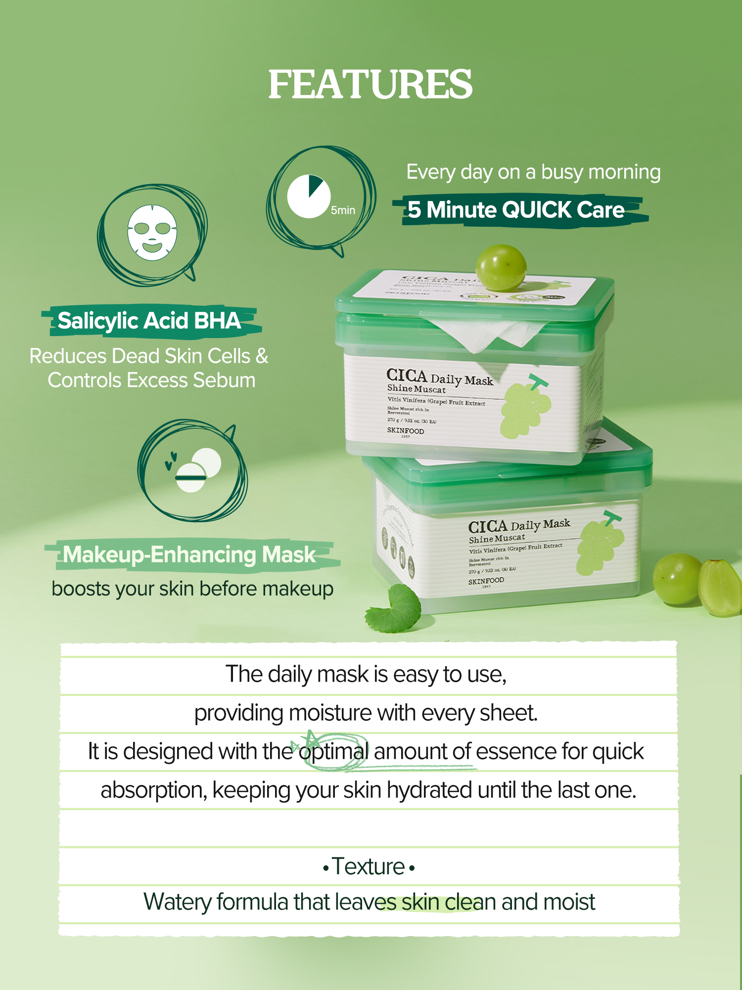 [SKINFOOD Official] Shine Muscat Cica BHA Daily Sheet Mask 30ea ...