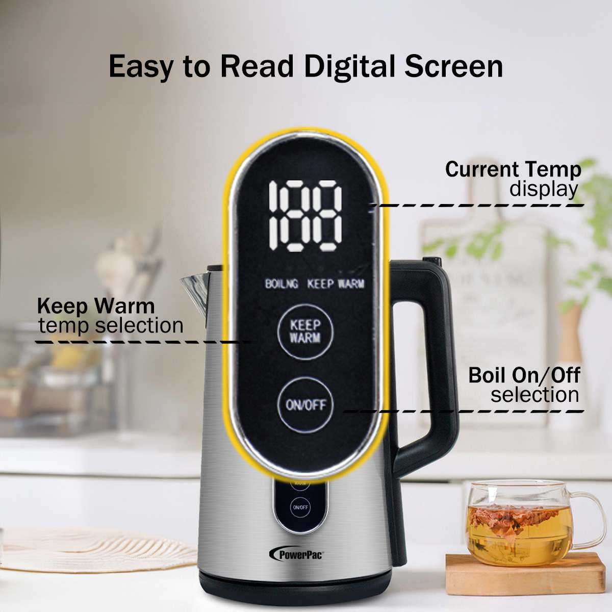 PowerPac Digital Kettle, Electric Kettle, Cordless Kettle Jug 1.7L ...