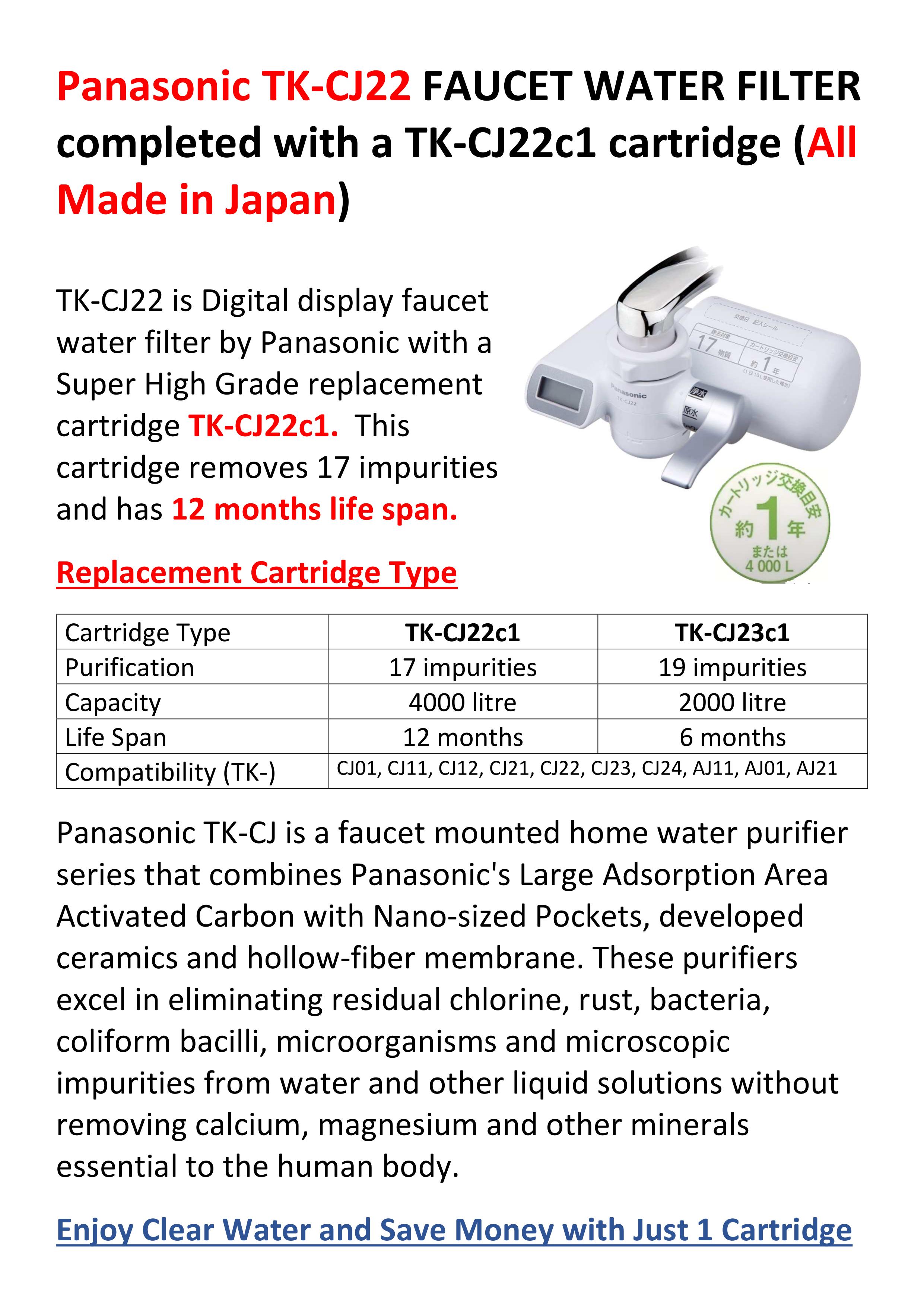 PANASONIC TK-CJ22 FAUCET WATER FILTER completed with a TK-CJ22c1 cartridge (Made in Japan ...