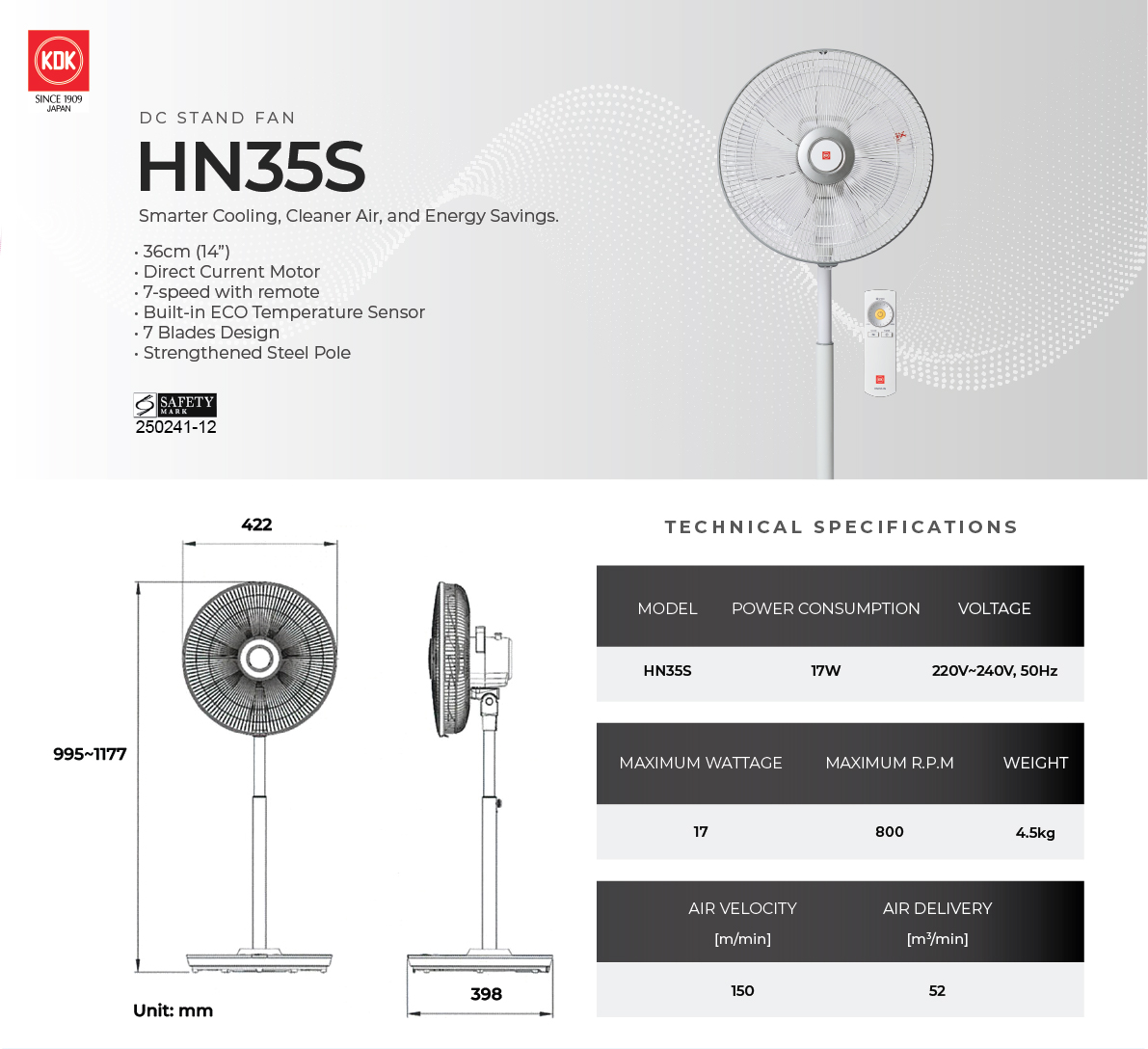 KDK HN35S DC Motor Stand Fan with Remote Control | Shopee Singapore