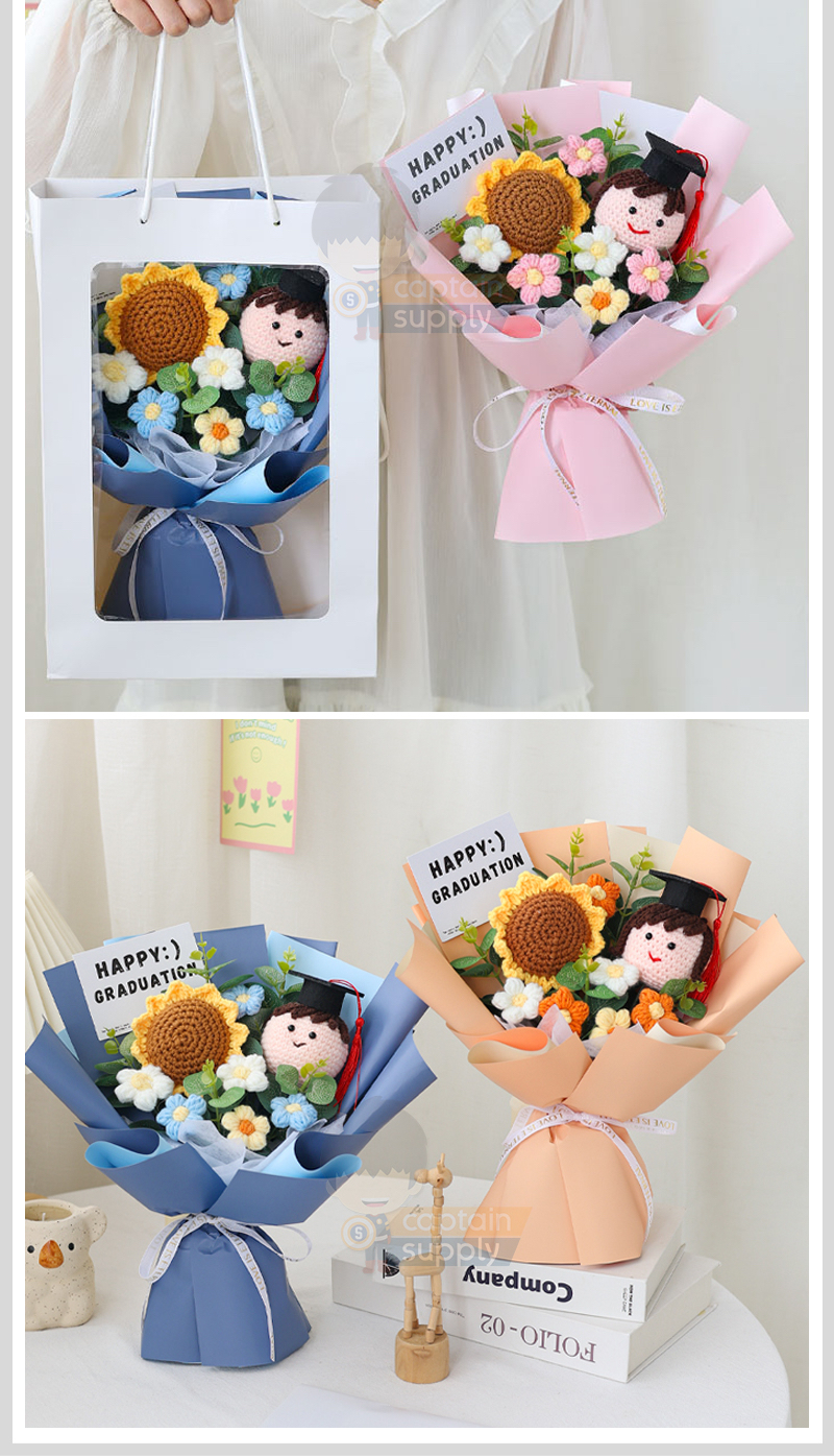 Graduation Crochet Flower Bouquet with Cute Doll / Bear (FREE Carrier ...