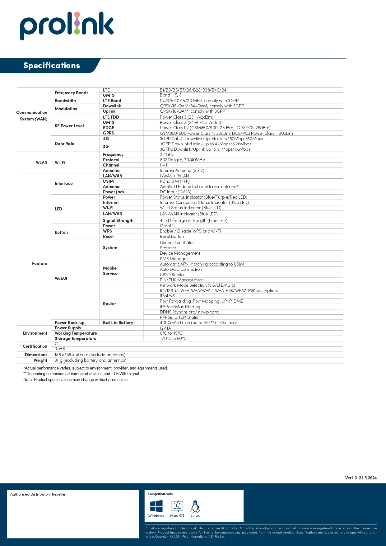 [Dual-Power mode] Prolink DL-7306 LTE CAT4 Wi-Fi Home 4G Router with ...