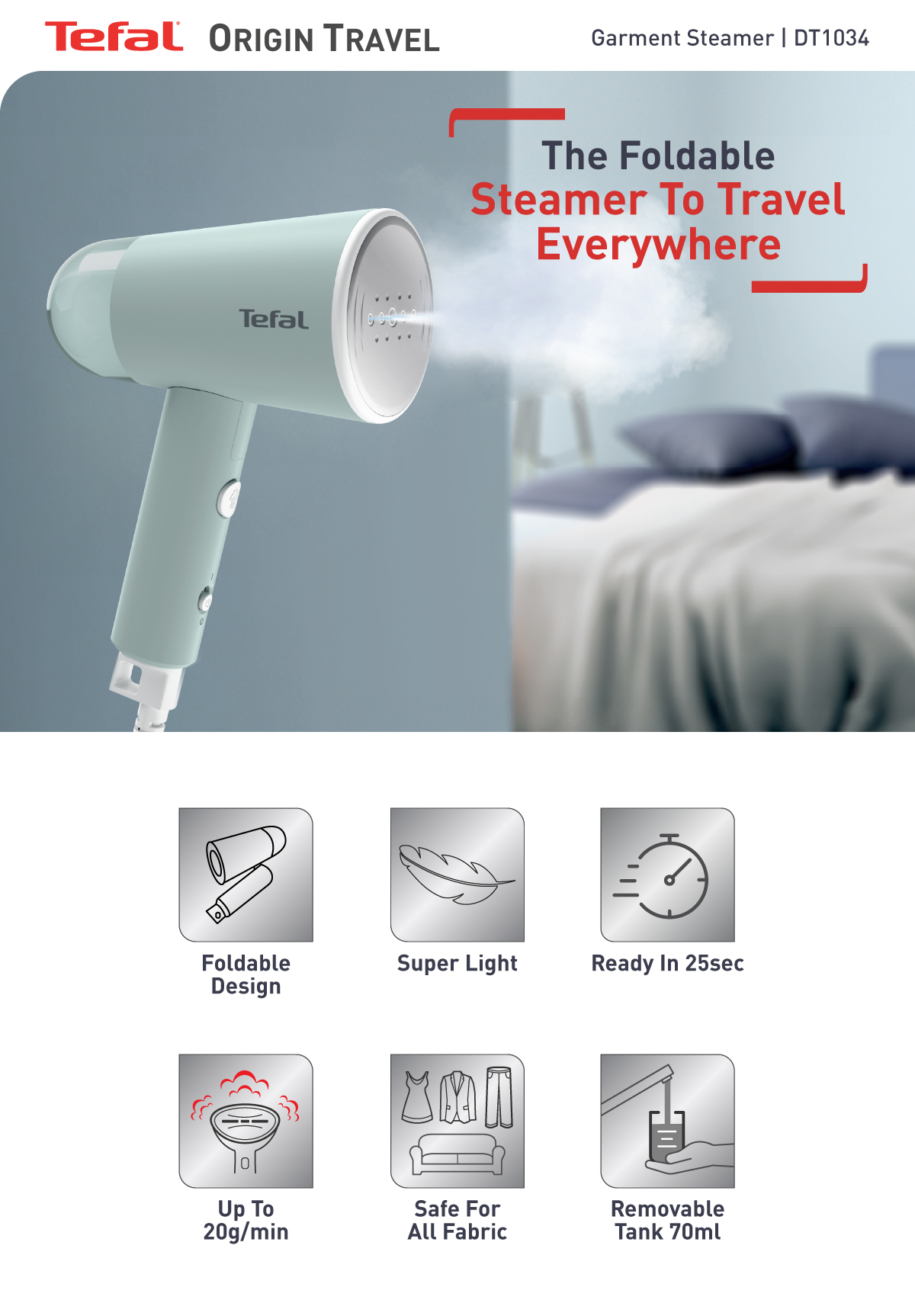 Tefal Origin Travel Handheld Garment Steamer DT1034 | Shopee Singapore