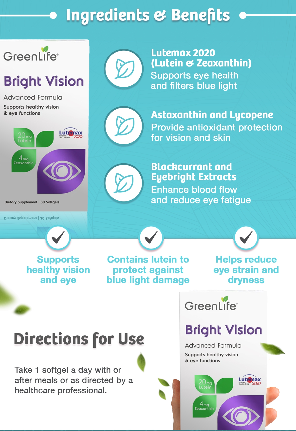 GreenLife Bright Vision Advanced Formula 20mg Lutein 30 Softgels (Halal Certified Gelatin) - For ...