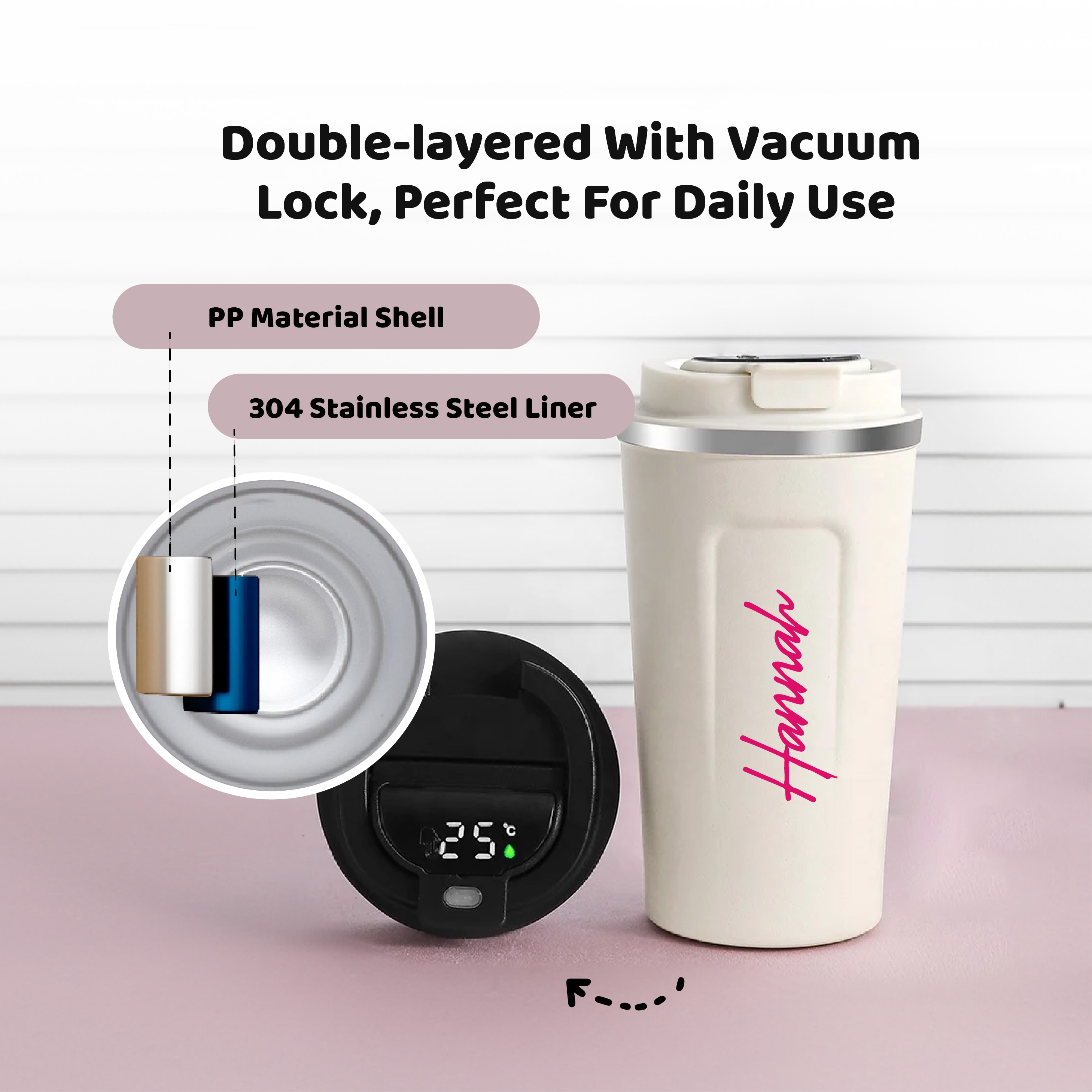 Personalised Smart Temperature 500ml LED Display SUS304 Vacuum Coffee ...
