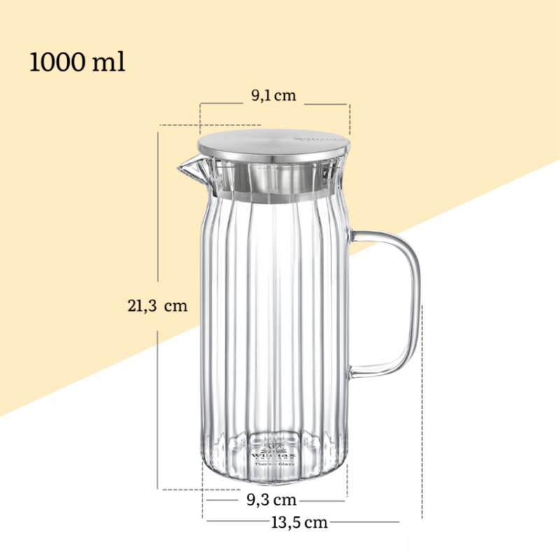 WIlmax Thermo Glass Jug with Stainless Steel Lid [1000ml/1500ml/2100ml/2500ml] / For Hot and ...
