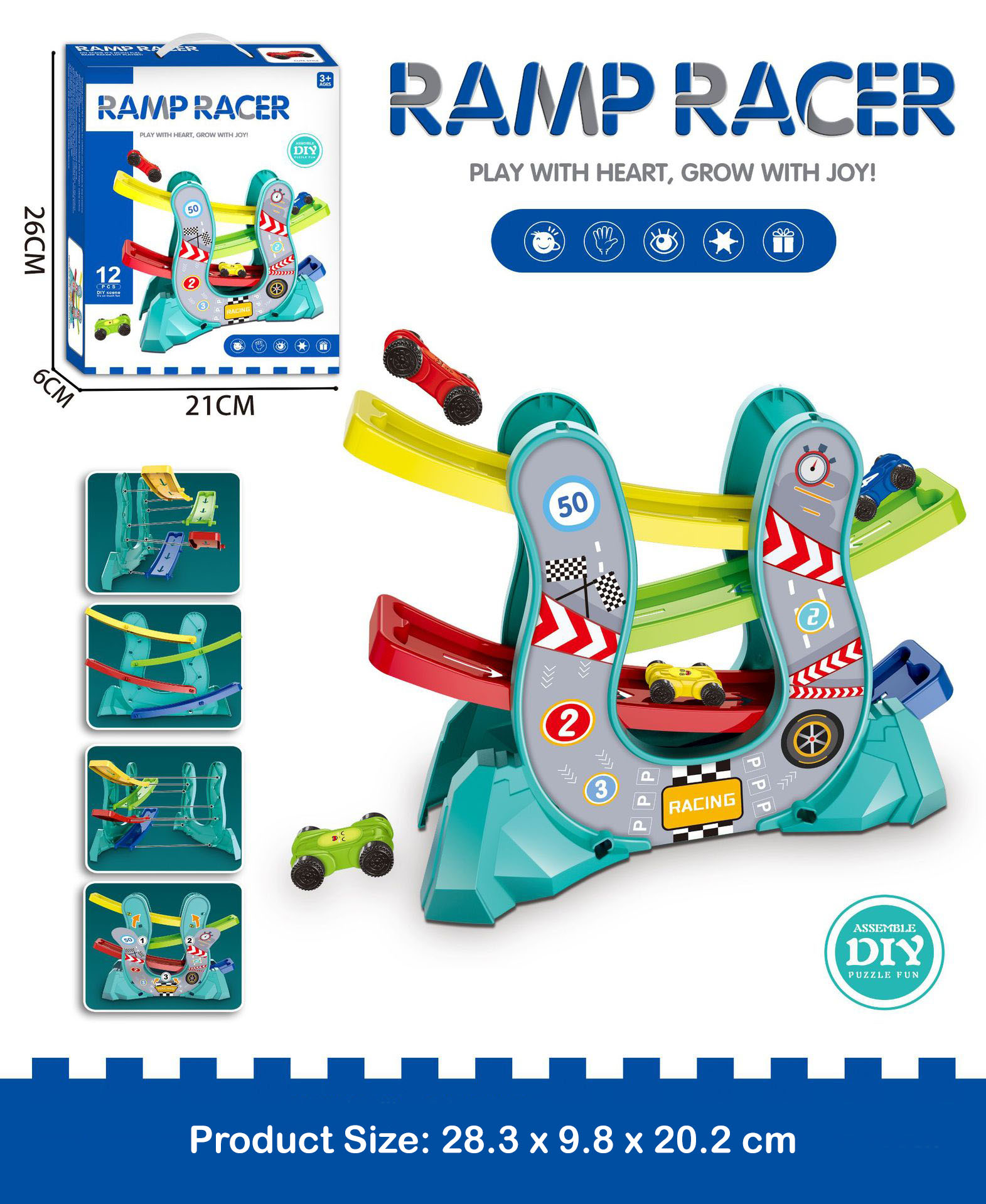 Ramp Racer toy for kids, baby. Toy vehicles racing with 4 mini cars ...