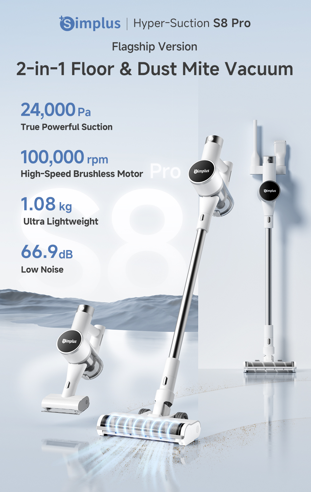 Simplus Vacuum Cleaner 24000Pa Dust Mite Remover Suction 100000rpm ...