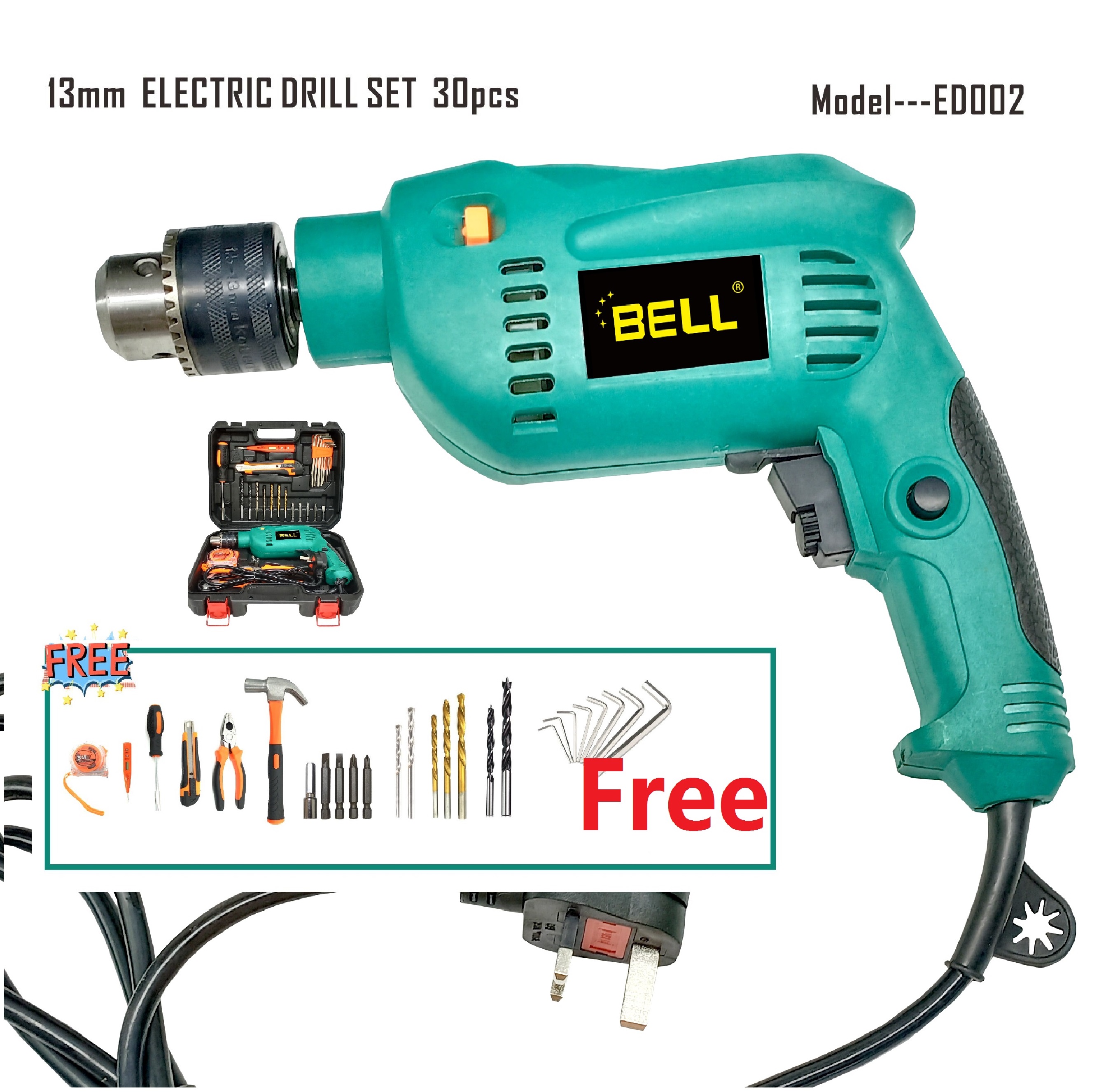 Bell 1000W ELECTRIC DRILL SET 13mm Concrete/wall/Tiles/Stone/Metal/Wood ...