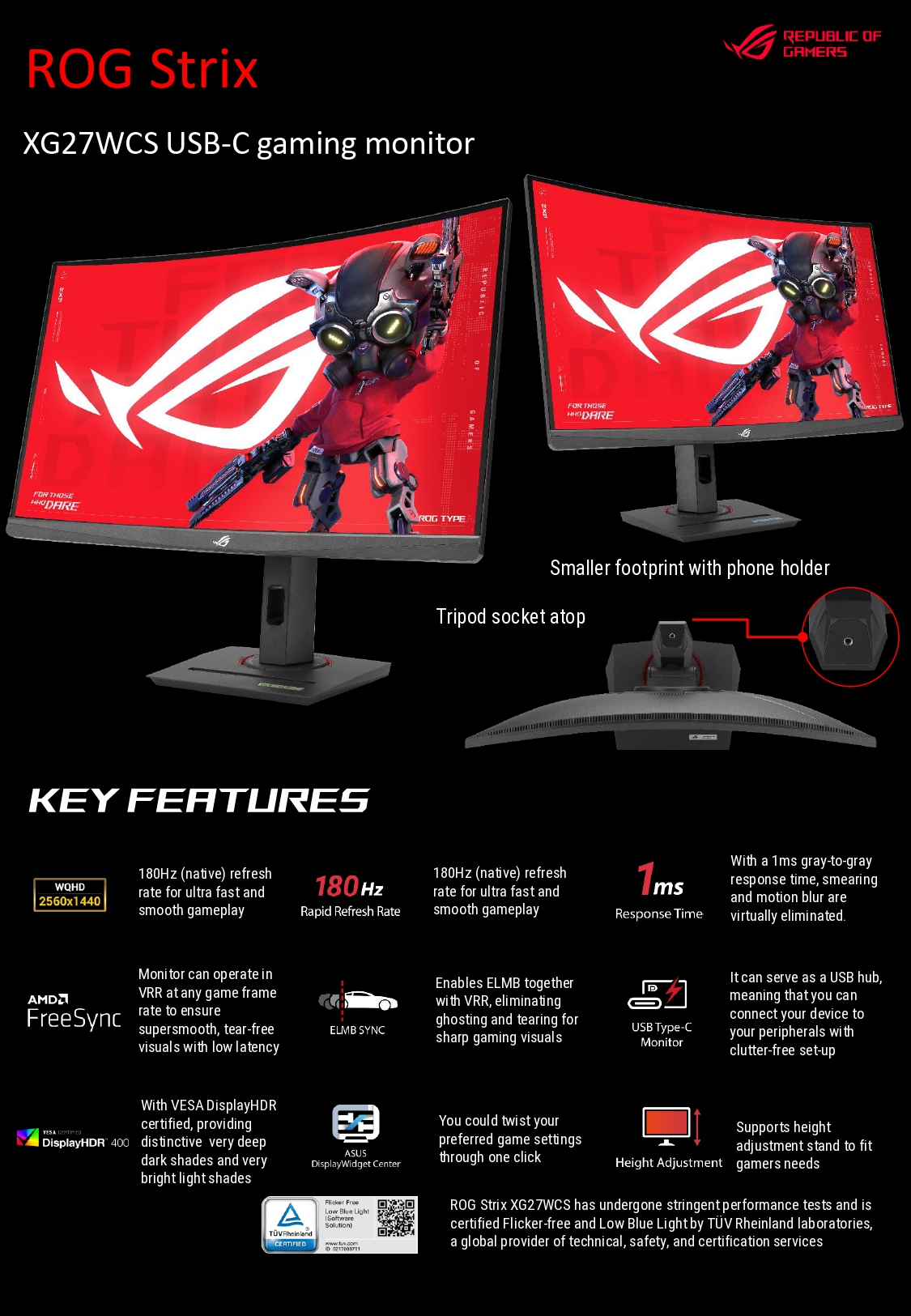 ROG Strix XG27WCS Curved Gaming Monitor - 27", 2K QHD, 180Hz, 1ms (GTG ...