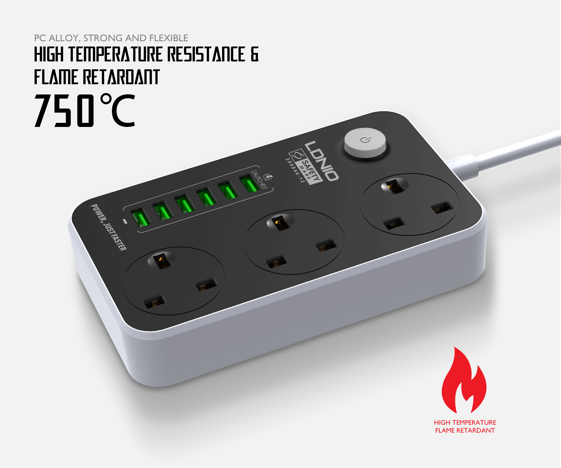 LDNIO Power Socket with UK 3 Pin +6 USB Fast Charger 250V/2500W/10A ...