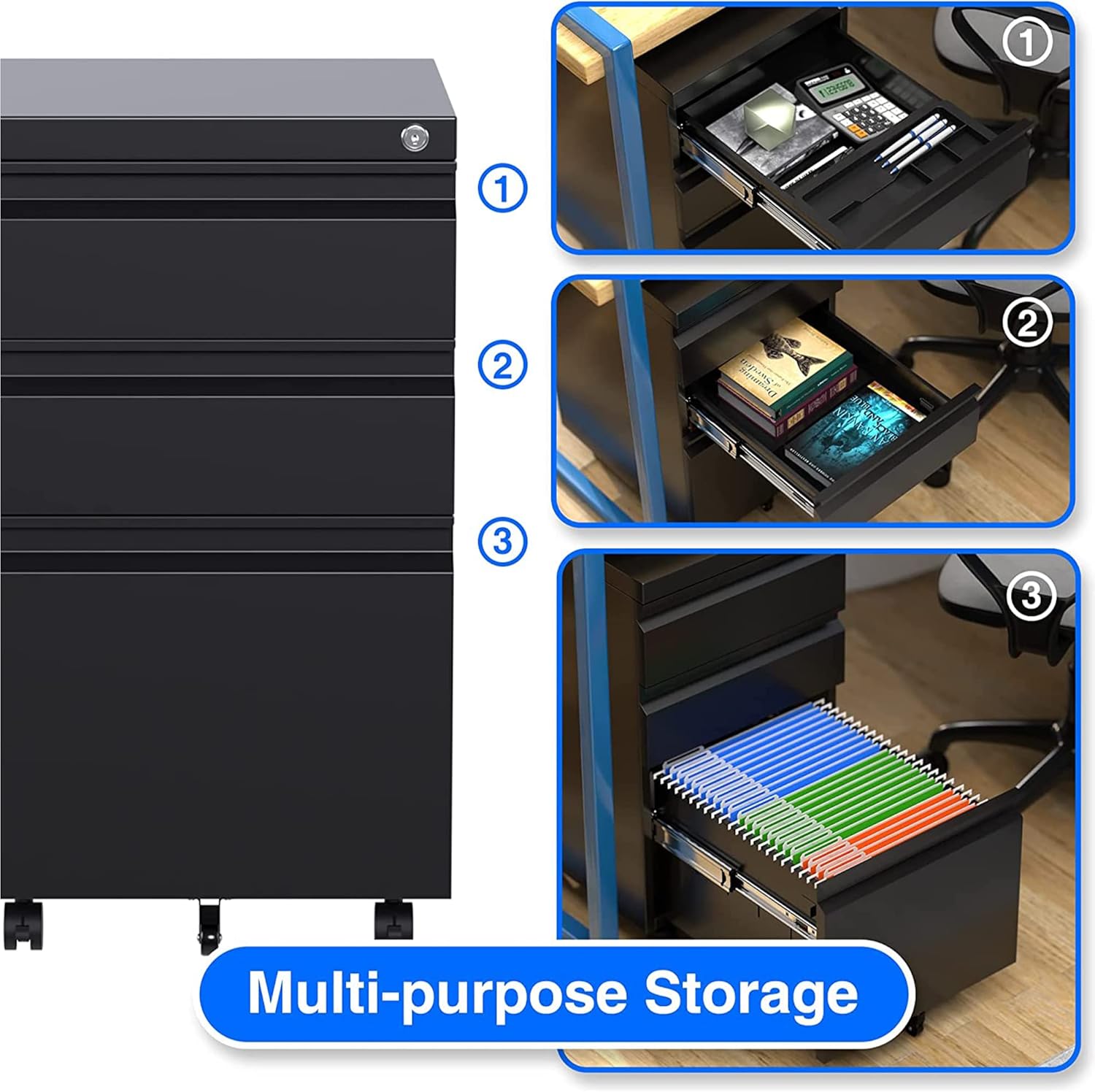 Filex 3 Drawer Mobile Pedestal Cabinet Black Home Office Workstation ...