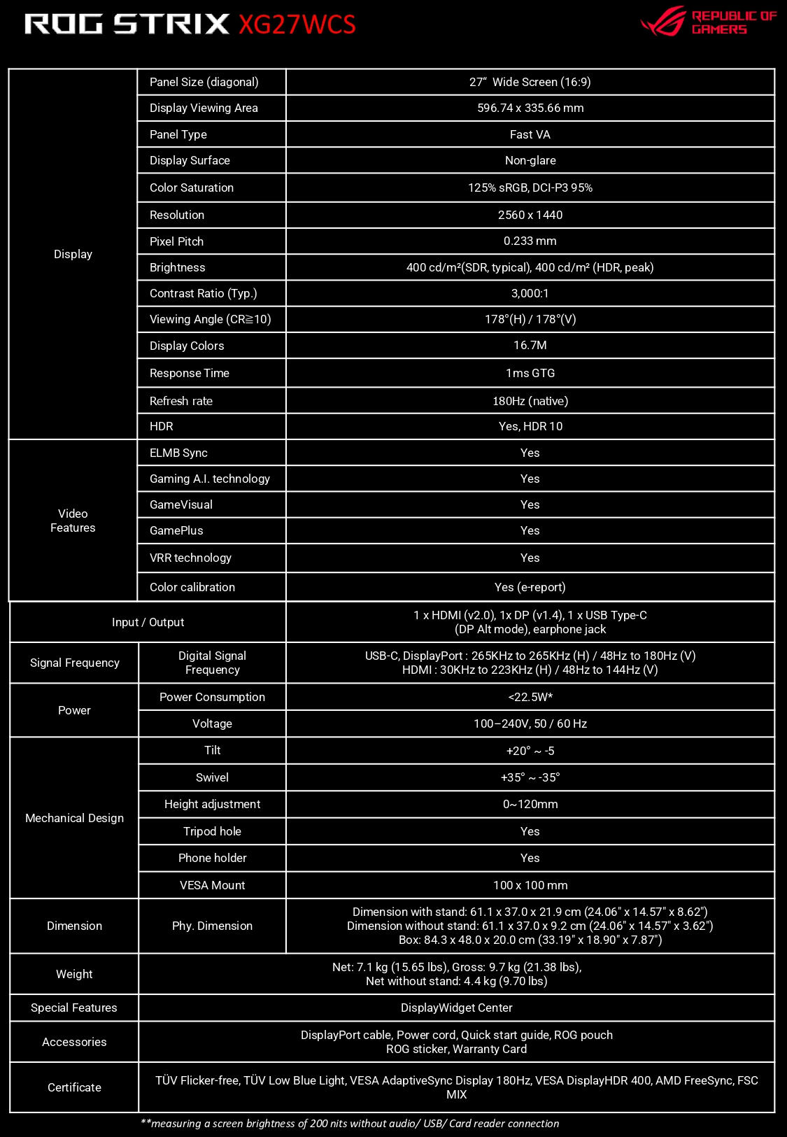 ROG Strix XG27WCS Curved Gaming Monitor - 27", 2K QHD, 180Hz, 1ms (GTG ...