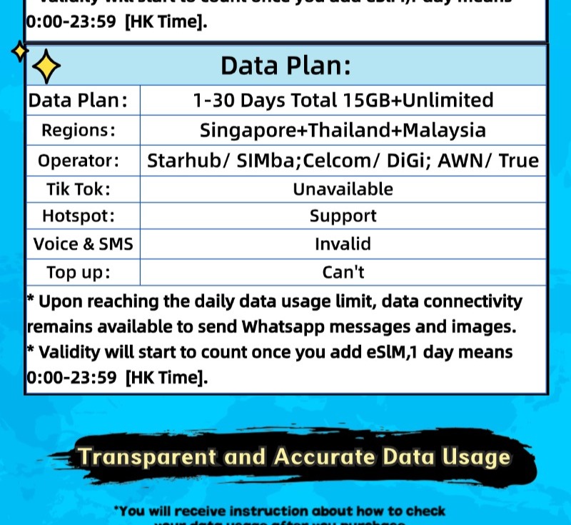Wefly Malaysia Thailand Singapore 1-30 Days 15GB+Unlimited 4G Data+Call eSIM Send in 1min ...