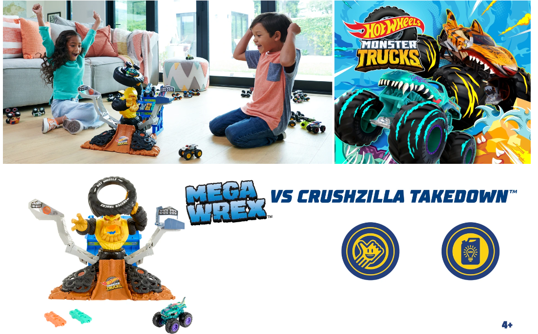 Hot Wheels Monster Trucks Arena Smashers MEGA-Wrex vs. Crushzilla ...