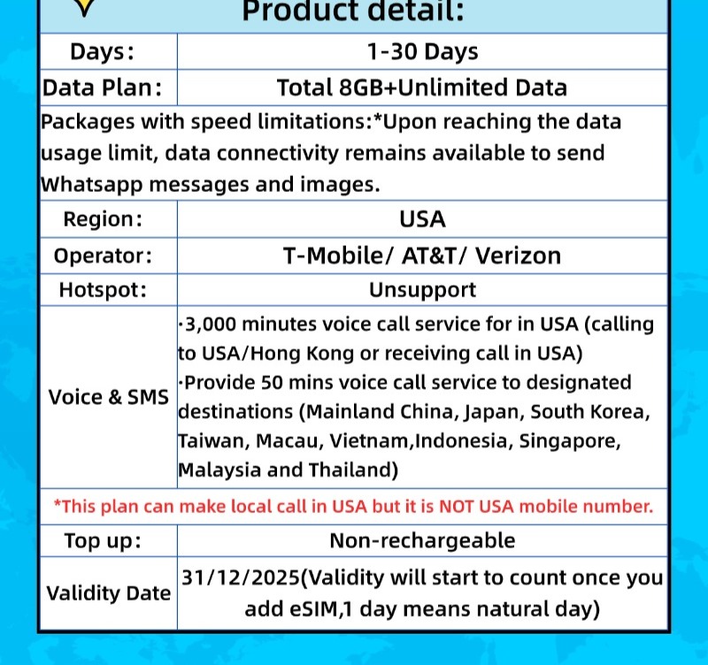 Wefly USA eSIM 1-30 Days 500MB-30GB Unlimited Data+Call eSIM USA SIM Card AT&T T-Mobile | Shopee ...