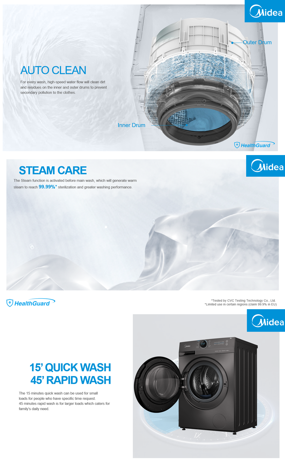 MIDEA MF200W85BT 8.5KG INVERTER 4 TICK FRONT LOAD SMART WASHING MACHINE ...