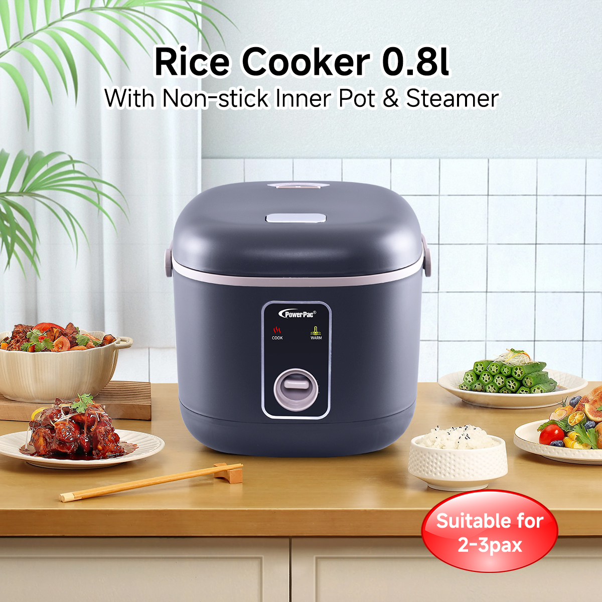 PowerPac Rice Cooker 0.8L with Steamer & non-stick Inner Pot (PPRC610 ...