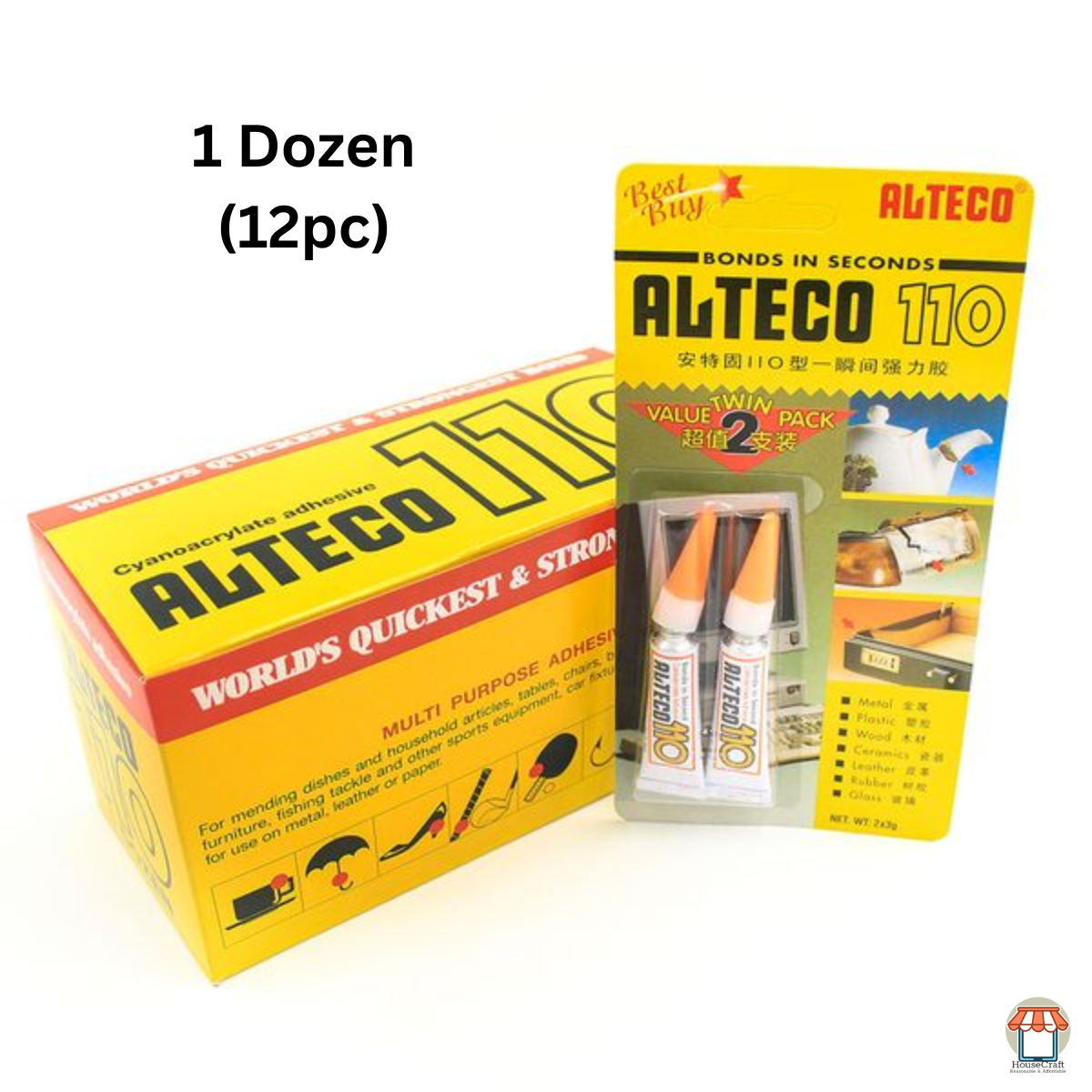 ALTECO 110 Super Glue Twin (12 PC) | 2 IN 1 | FOR CERAMICS, GLASS, LEATHER, PLASTIC, RUBBER ...