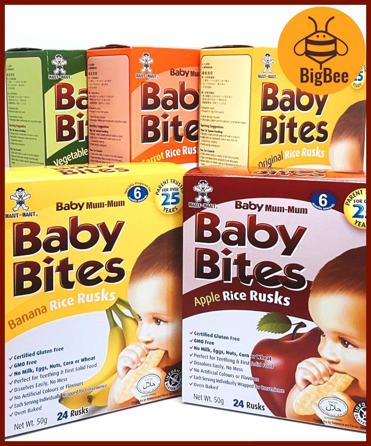 Baby Bites Rice Rusks - 50g/box (Halal) Original, Apple, Banana, Carrot ...