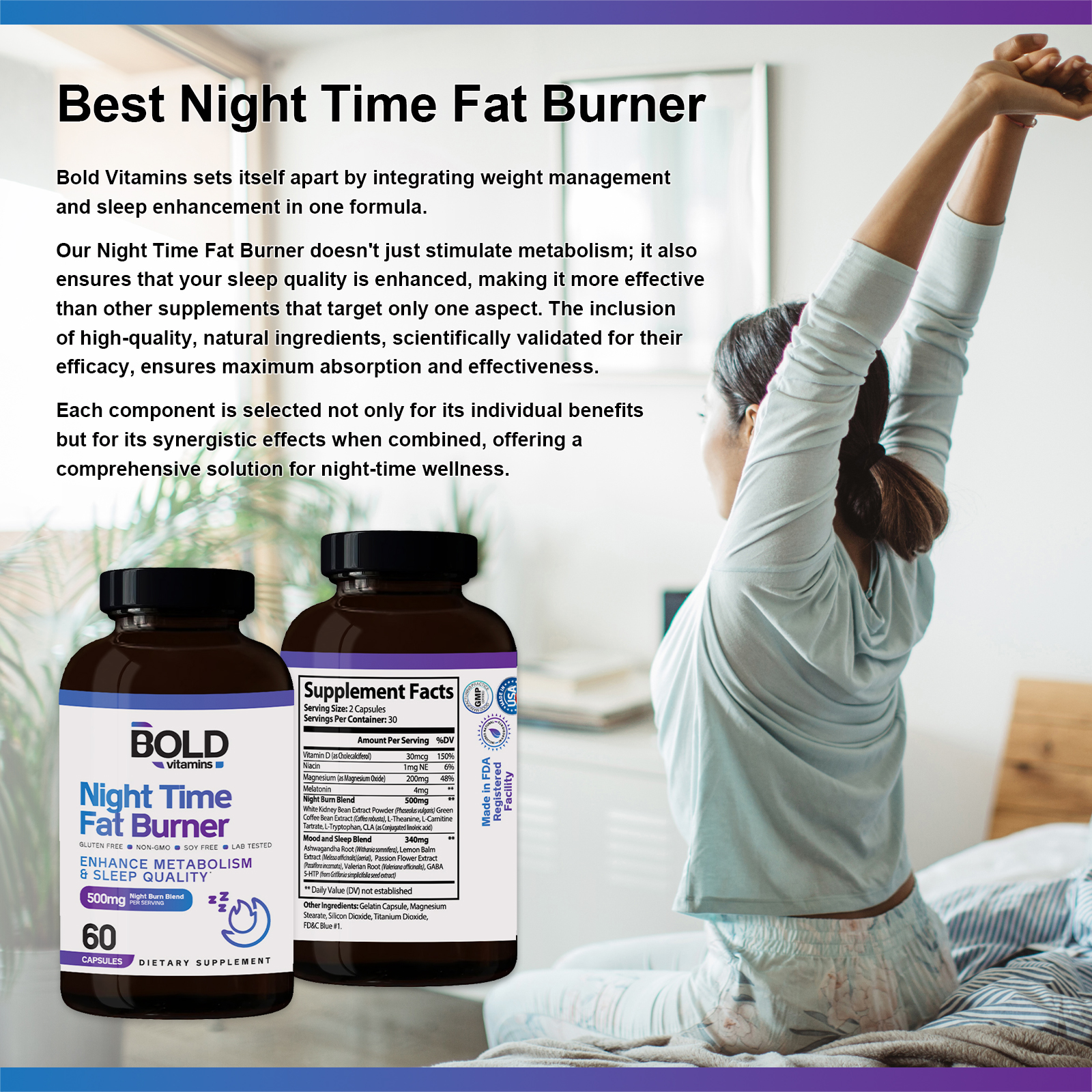 Bold Vitamins Night Time Fat Burner Supplement (60 Caps) Sleep Quality ...