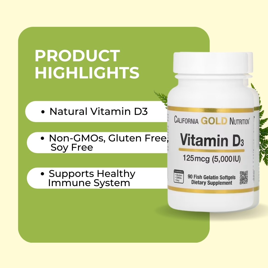 California Gold Nutrition, Vitamin D3, 125/50 mcg (5,000/2000 IU), 90 ...