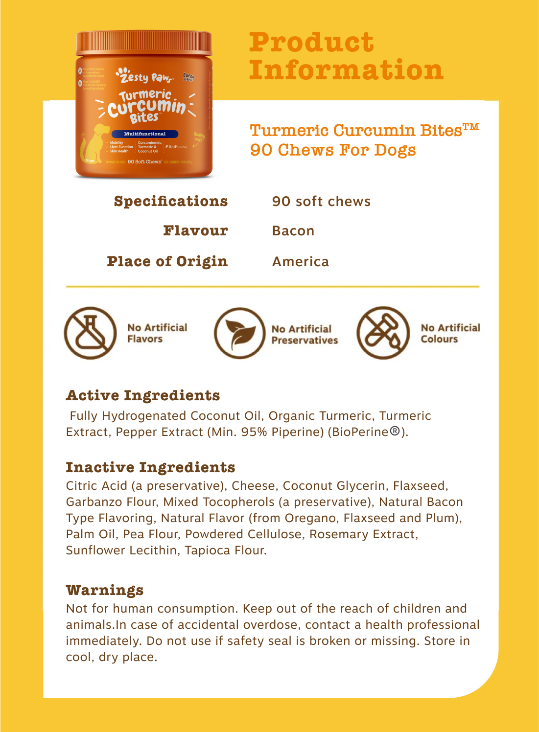 Zesty Paws Turmeric Curcumin Bites for Dogs - Bacon Flavor (90 Soft ...
