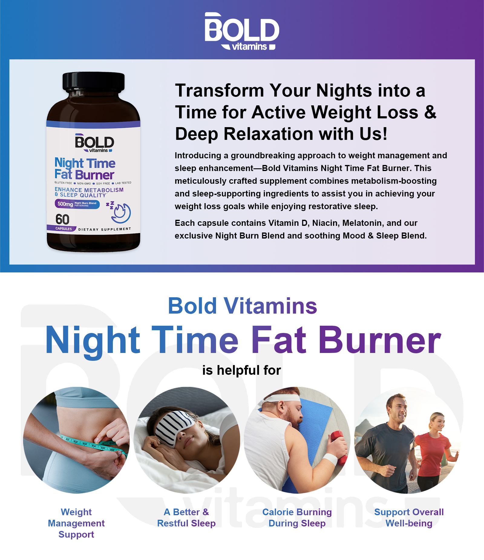 Bold Vitamins Night Time Fat Burner Supplement (60 Caps) Sleep Quality ...