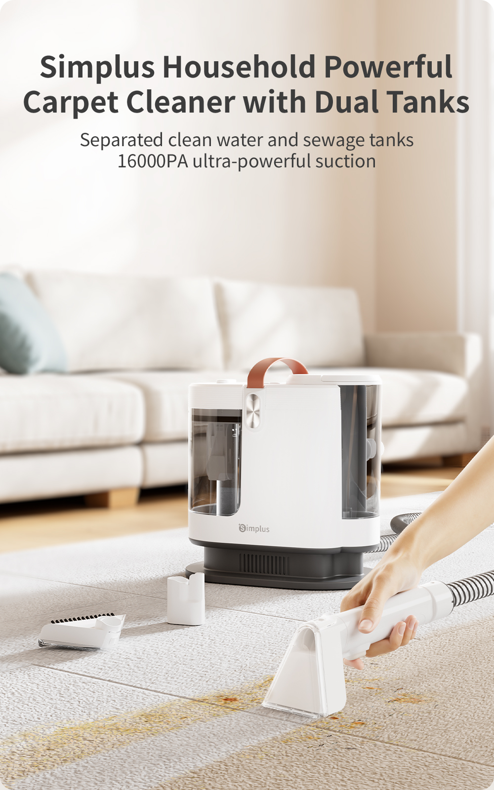 Simplus Spot & Fabric Cleaner | 16,000Pa Suction | 60℃ Hot Water | 1.6L ...