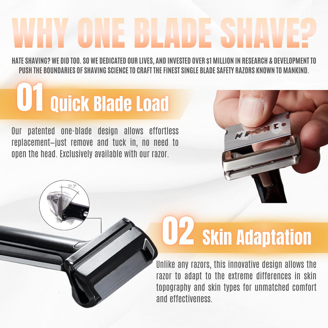 [FREE STAND & BLADE] OneBlade Core Safety Razor - Single Blade Manual Facial Beard Hair Shaver ...