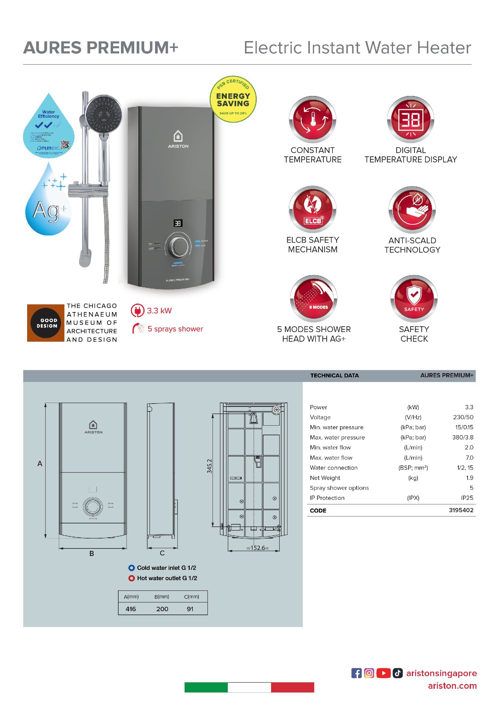 ARISTON AURES PREMIUM+ 3.3 SB INSTANT WATER HEATER 1 YEAR PART WARRANTY ...