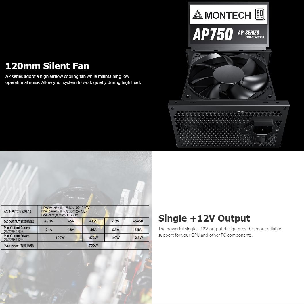 MONTECH AP SERIES 550W / 650W / 750W 80 PLUS WHITE CERTIFIED PSU HIGH ...