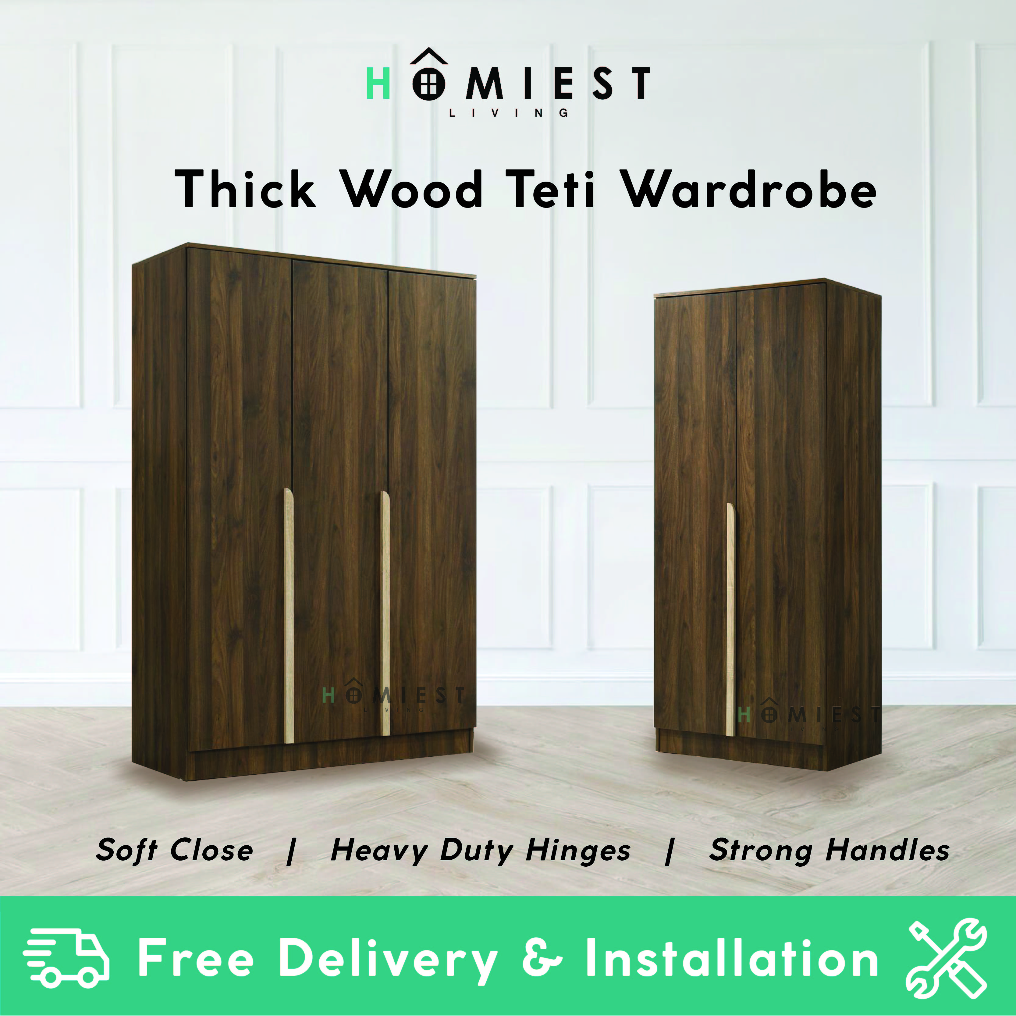 [Homiest Living]Teti 2/3Door Wardrobe in Dark Wood Color with Soft ...