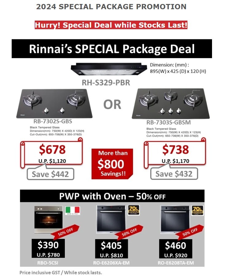 RINNAI RH-S329-PBR SLIMLINE HOOD + RINNAI RB-7302S-GBS 2 BURNER BUILT-IN HOB BUNDLE DEAL ...
