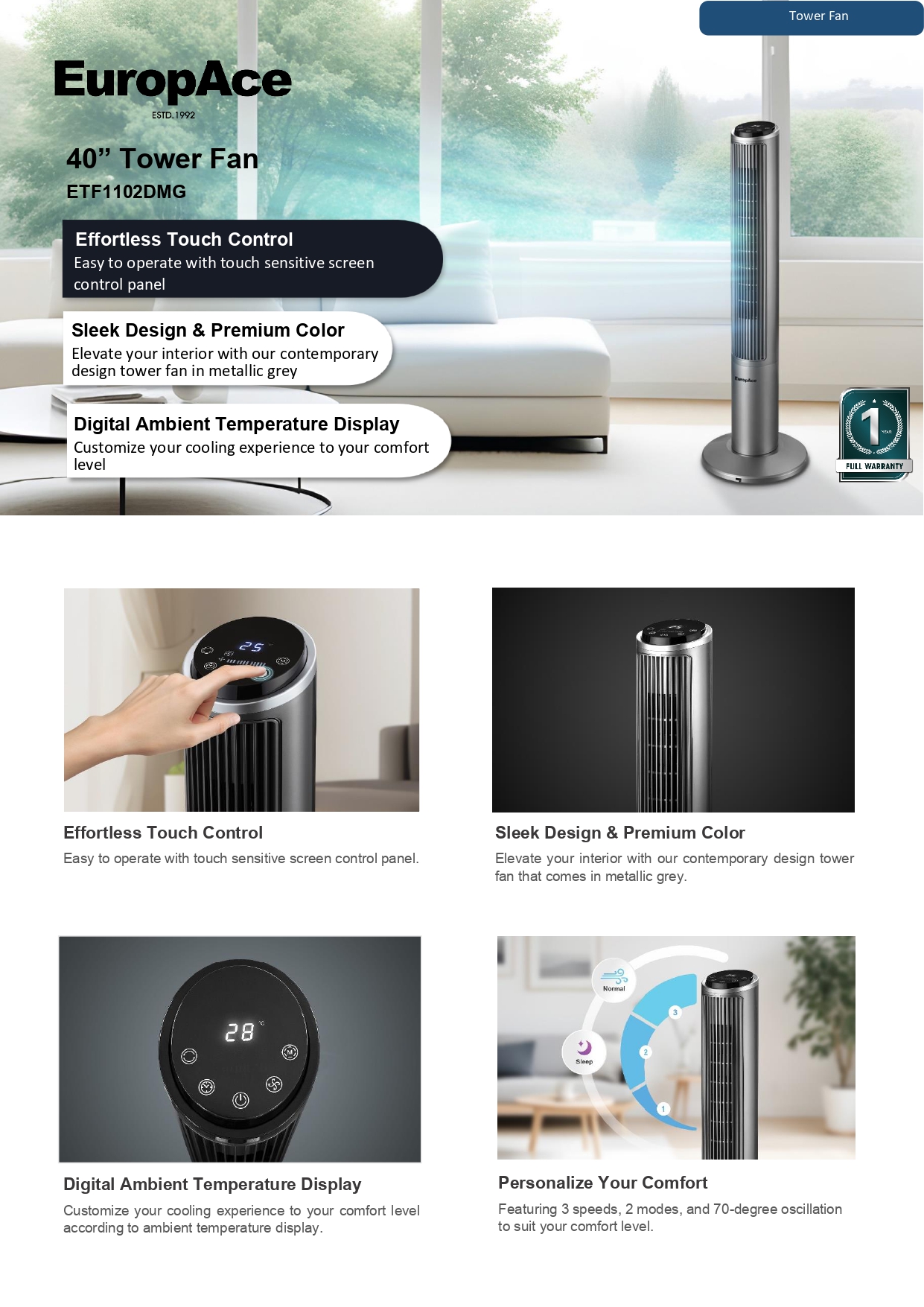 EuropAce ETF1102DGM : (NEW) 40" METALLIC GREY TOWER FAN - 1 YEAR ...