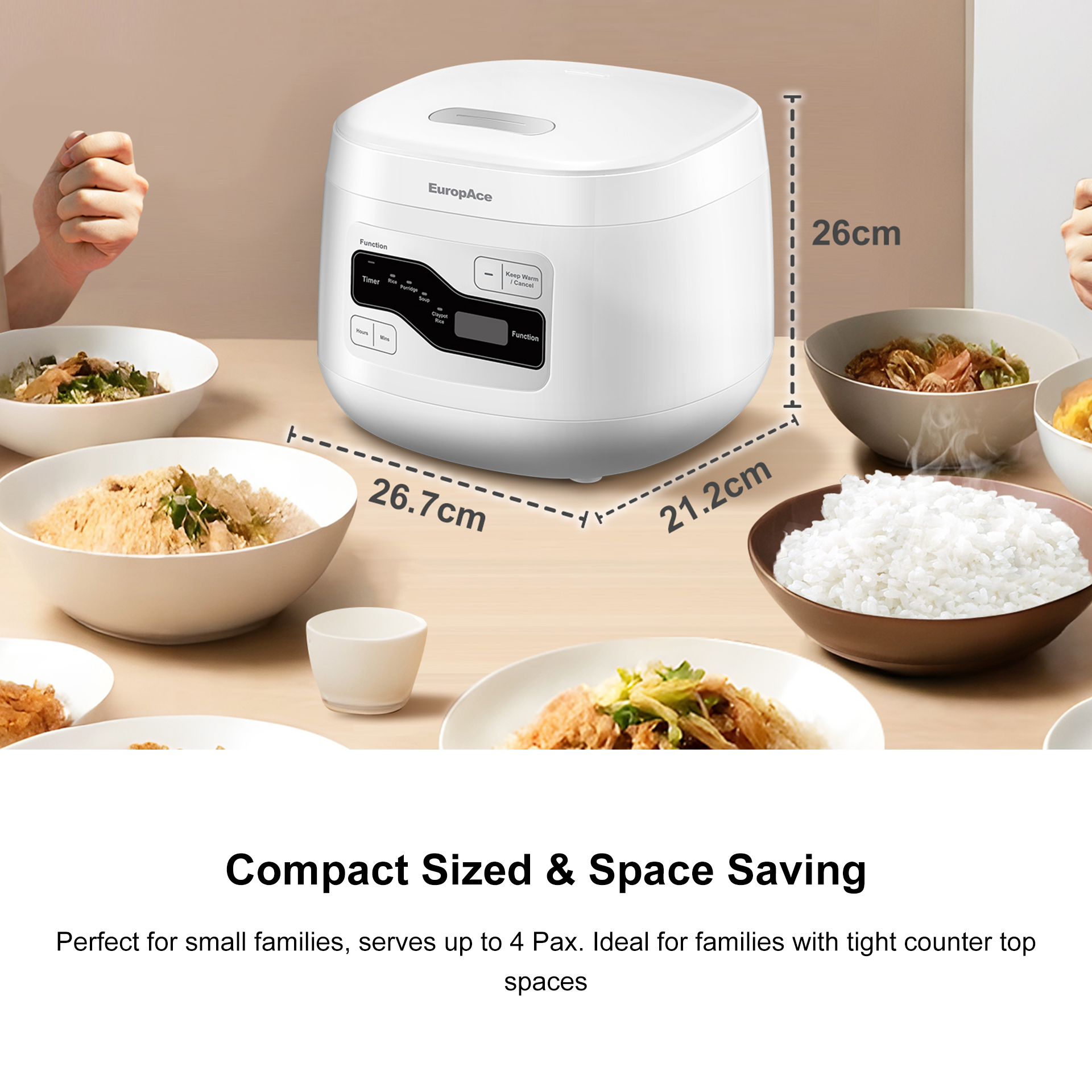 EuropAce 0.8L True Ceramic Pot Rice Cooker | ERJ5081DWH | Compact Sized ...