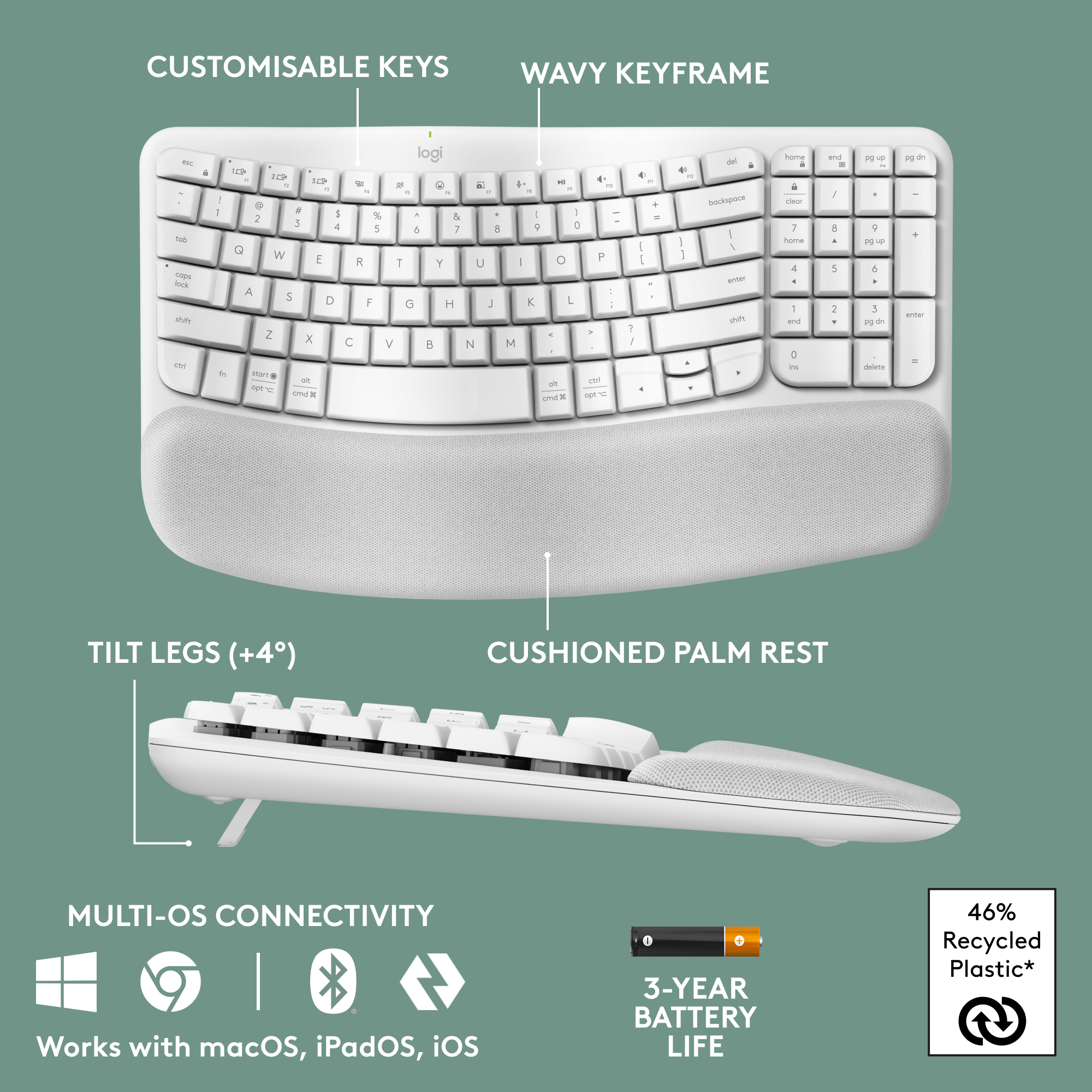 Logitech Wave Keys Ergonomic Wireless Bluetooth Keyboard, Customizable ...