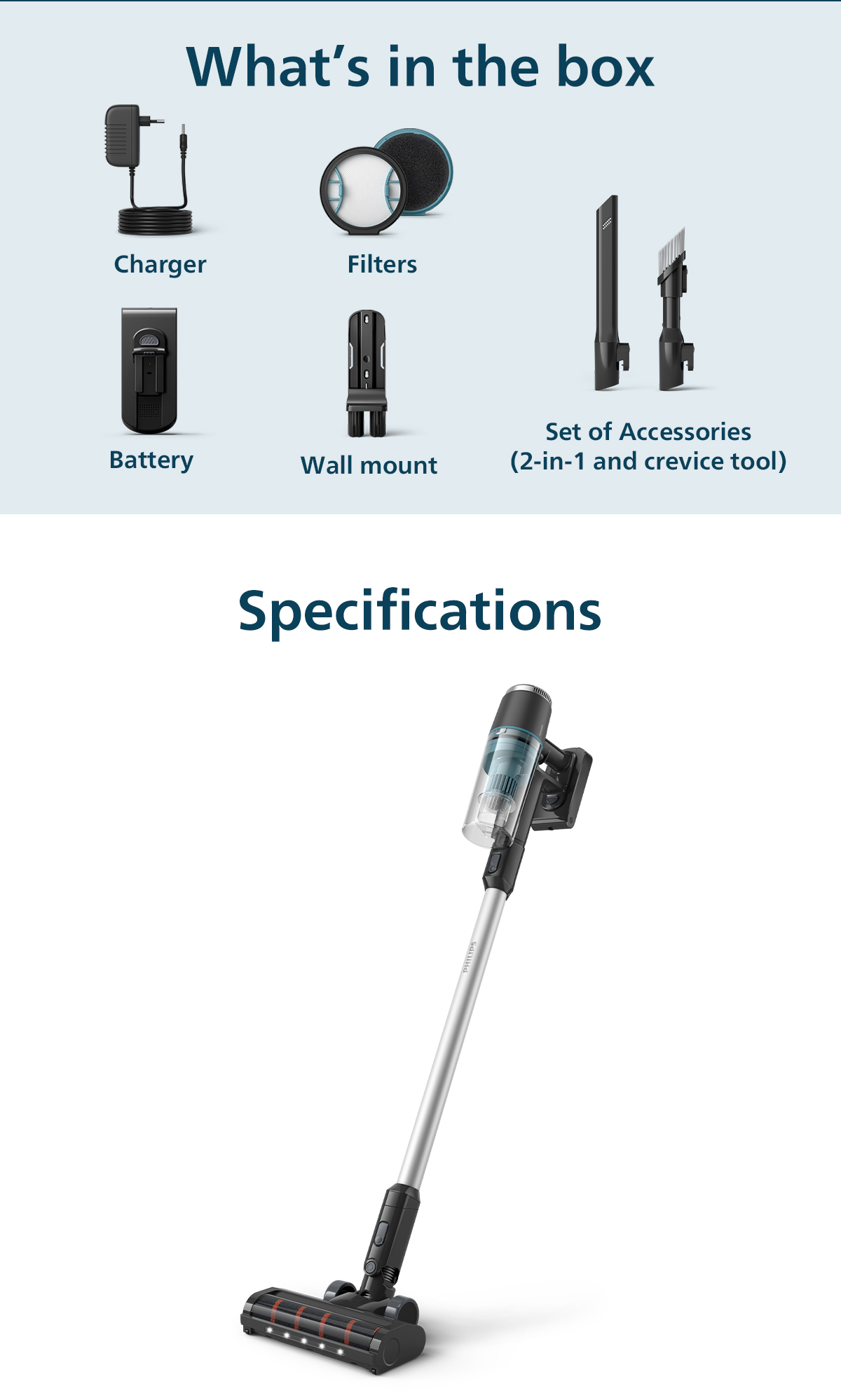 PHILIPS Cordless Vacuum 3000 Series – XC3031/61, Lightweight 1.5kg, LED ...