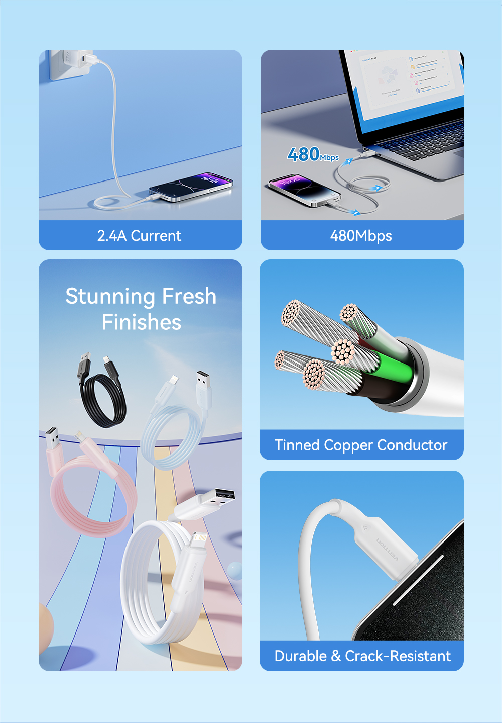 Vention USB A To IOS Cable For iPhone 14 13 12 11 Pro Max 2.4A Fast ...