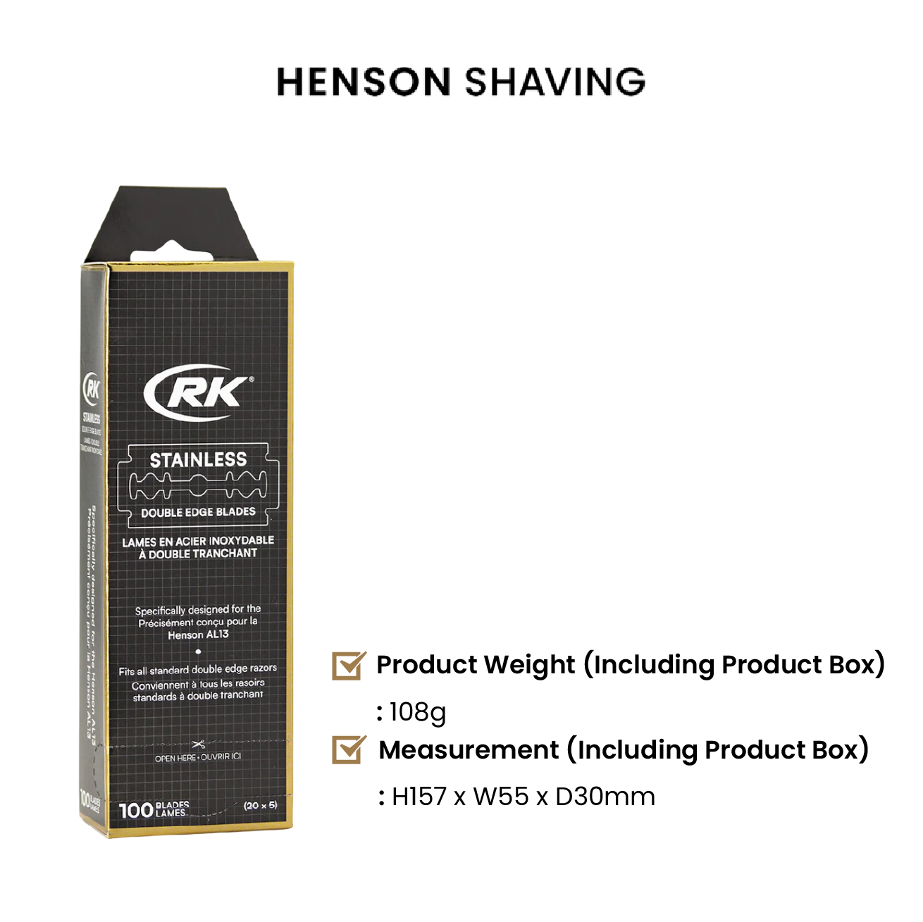 HENSON RK Razor Blades Refill - Stainless Steel, Double Edge, 100pk ...