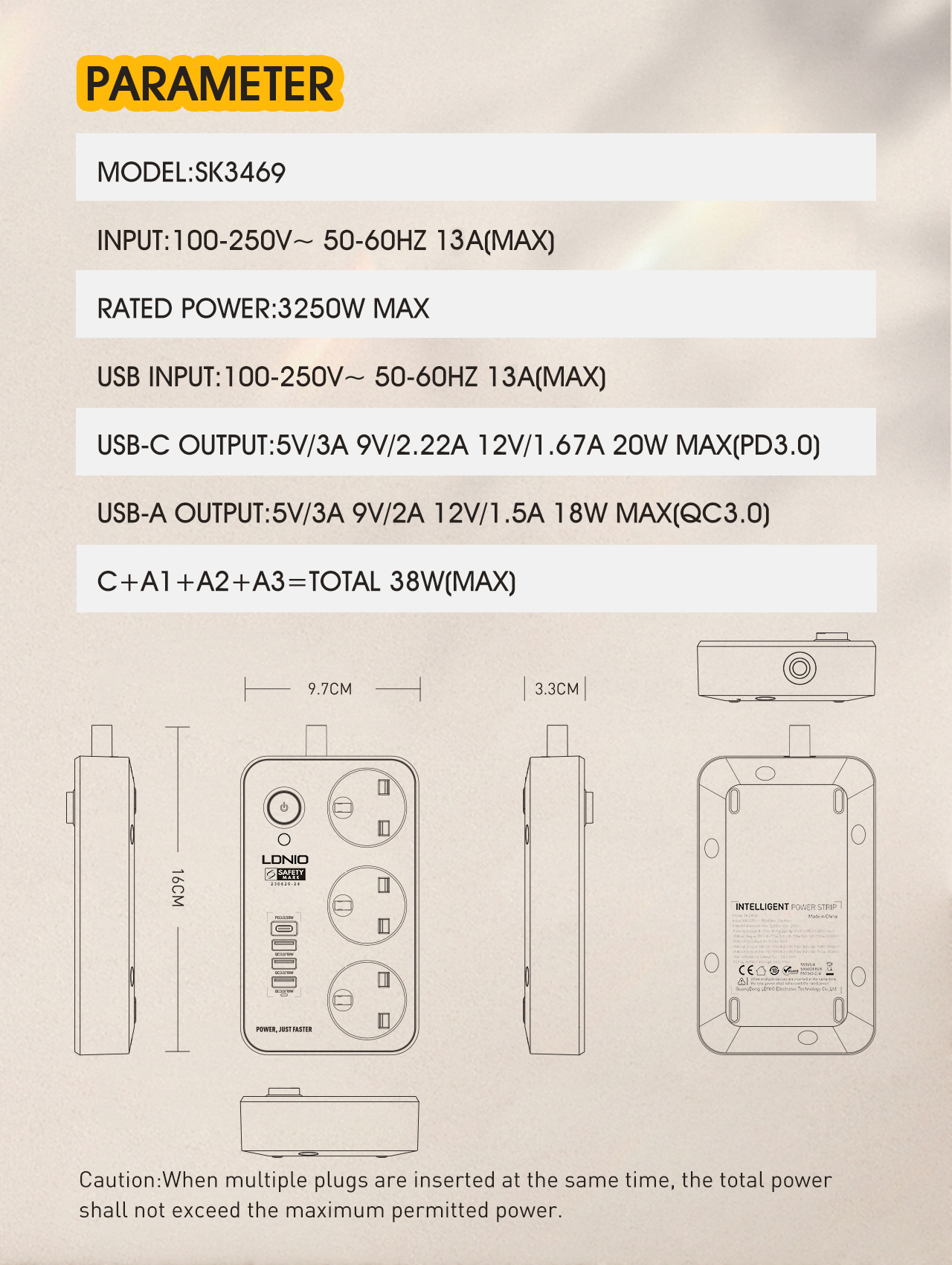 LDNIO Power Socket with UK 3 Pin +6 USB Fast Charger 250V/2500W/10A ...