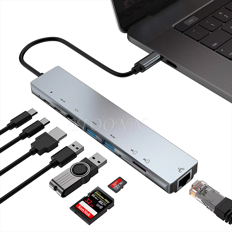 8-in-1 Adapter Docking Station USB-C Hub 100WPD charging HDMI support ...