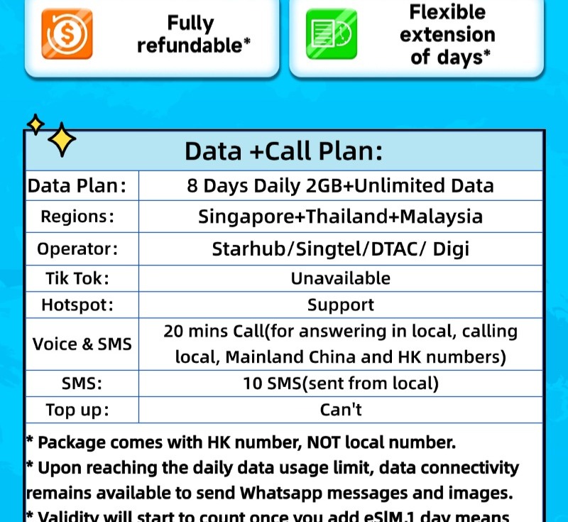Wefly Malaysia Thailand Singapore 1-30 Days 15GB+Unlimited 4G Data+Call eSIM Send in 1min ...