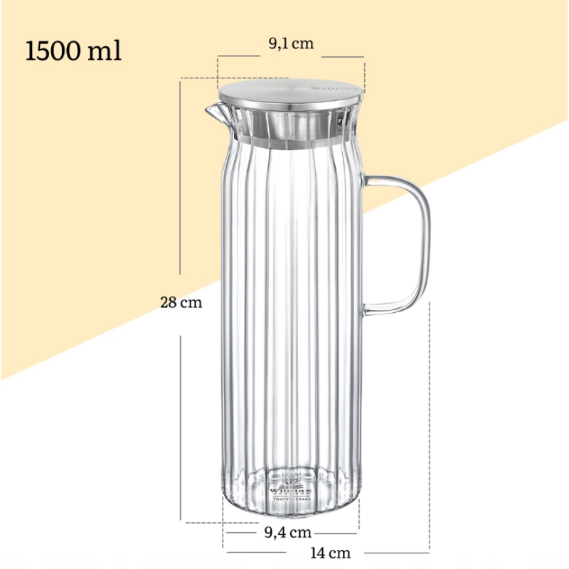 WIlmax Thermo Glass Jug with Stainless Steel Lid [1000ml/1500ml/2100ml/2500ml] / For Hot and ...