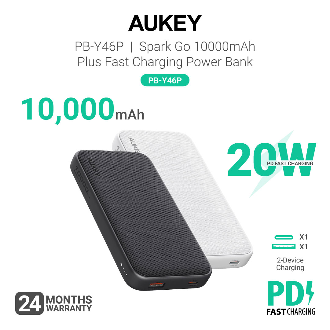 Aukey PB-Y46P/ PB-Y46 Spark Go 10000mAh 20W/15W Fast Charging Compact & Slim Power Bank (24 ...