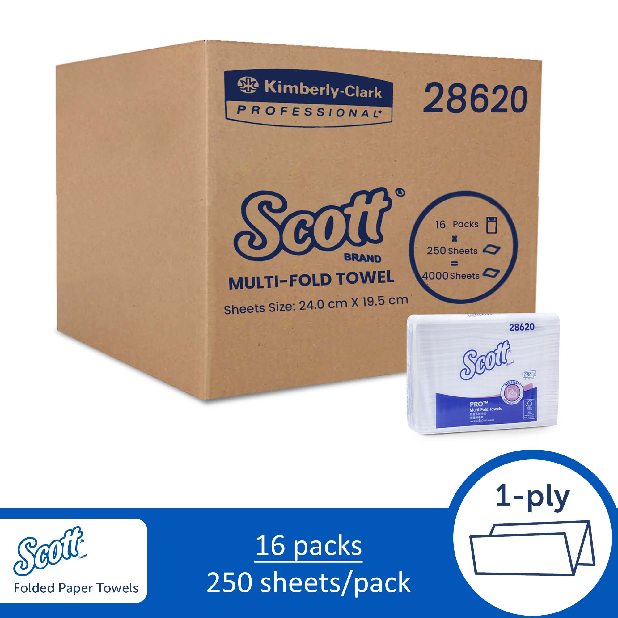 Scott Multifold Paper Towels 28620 White 1-Ply, 16 Packs / Case, 250 ...