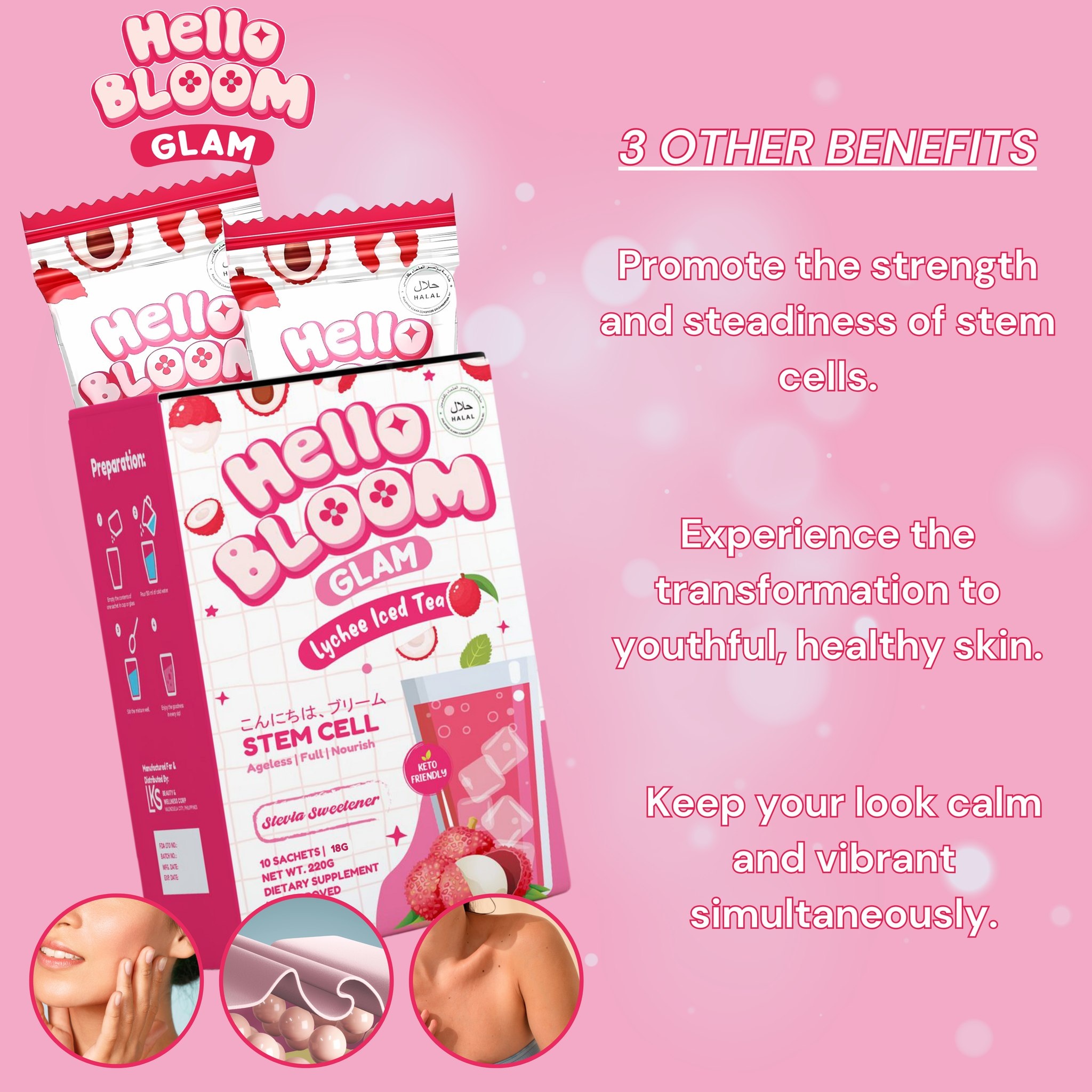 HELLO BLOOM GLAM Stem Cell Iced Tea (Lemon | Red Apple | Lychee) (18g x ...