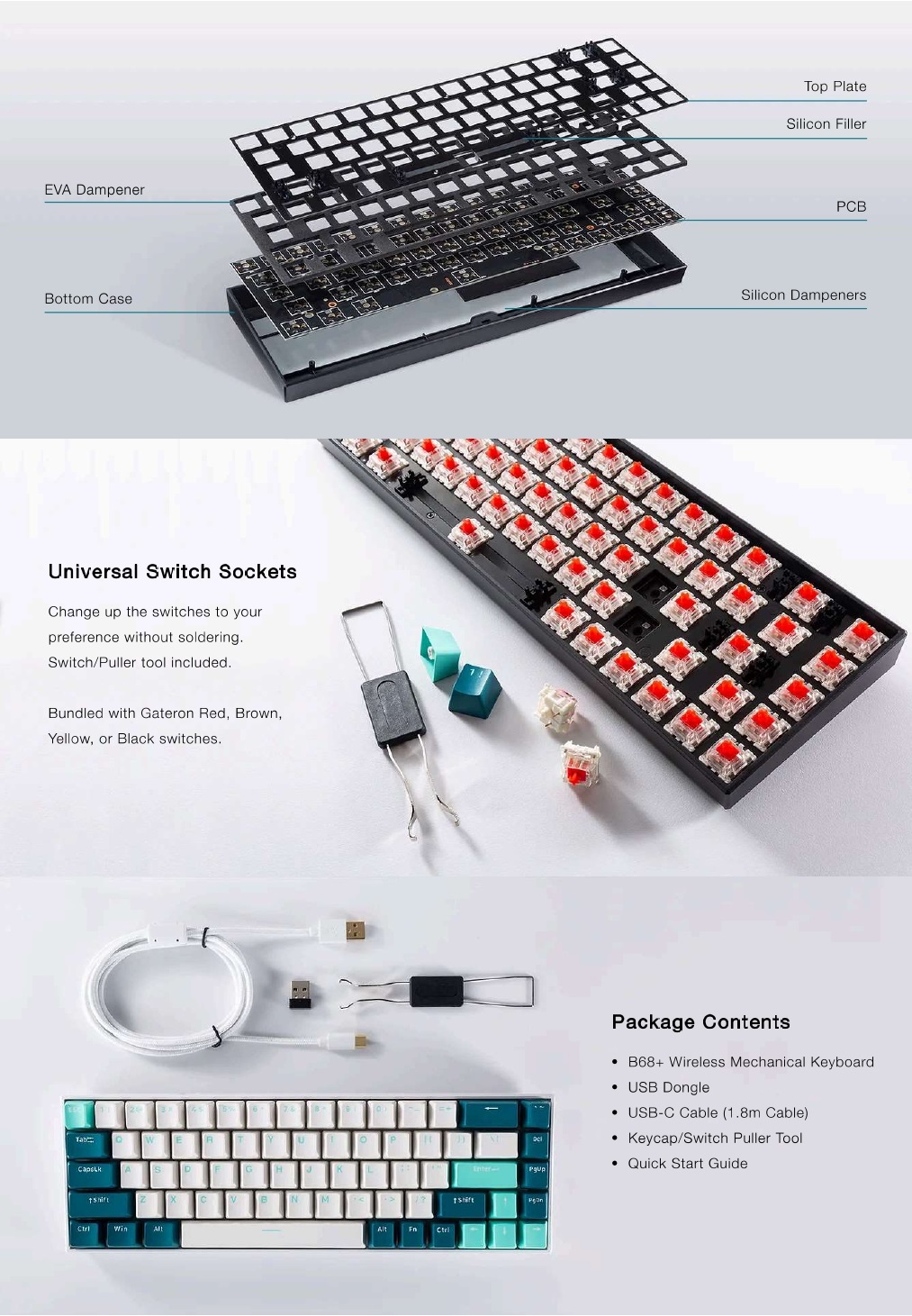 Tecware B68+ RGB Backlit Wireless Mechanical Keyboard, 3 Mode, 68-Key ...
