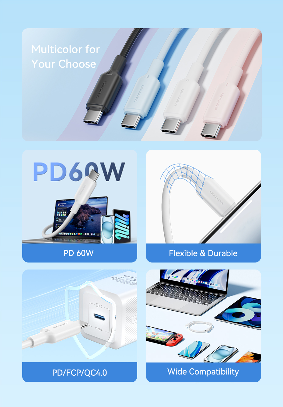 Vention USB 2.0 Type-C Cable 3A Fast Charging Data PVC Type Type-C Male to Type-C Male | Shopee ...