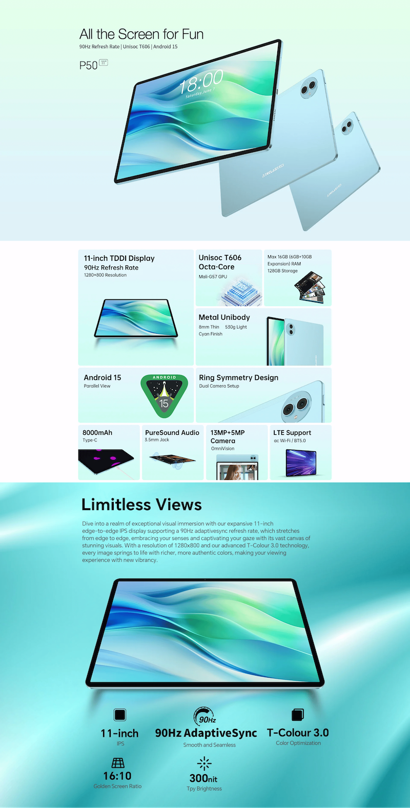 TECLAST P50 Tablet| 18GB(8+10)+128GB| 10.95-inch 800×1280 IPS| Unisoc ...